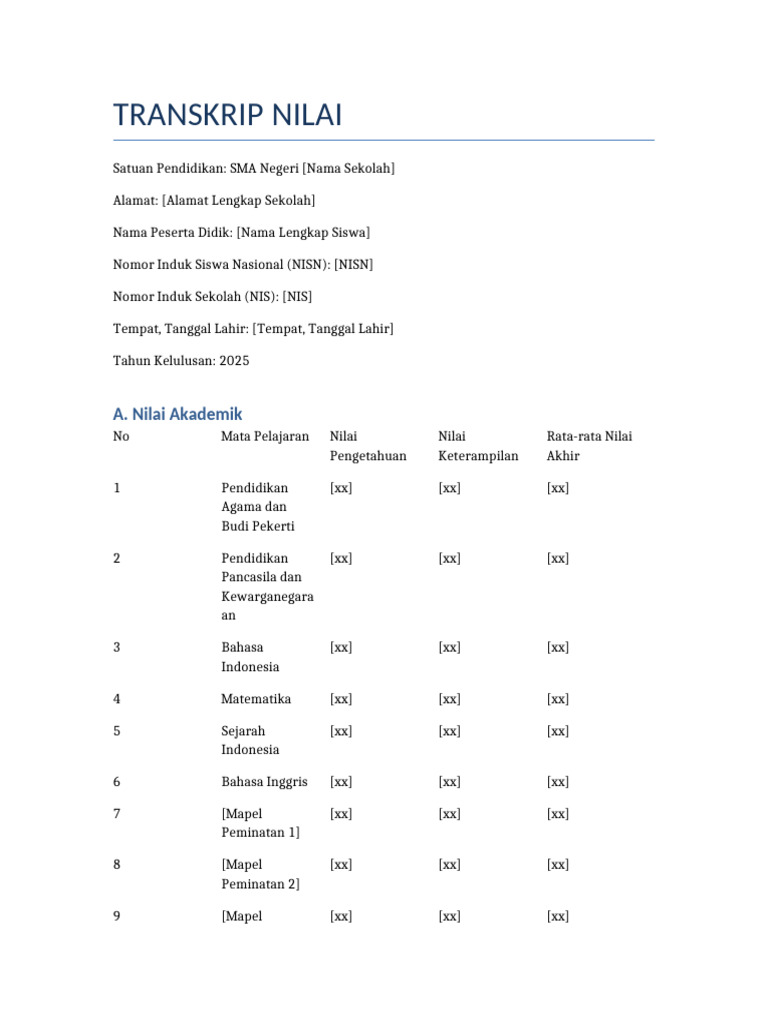 Transkrip Nilai SMA 2025 | PDF