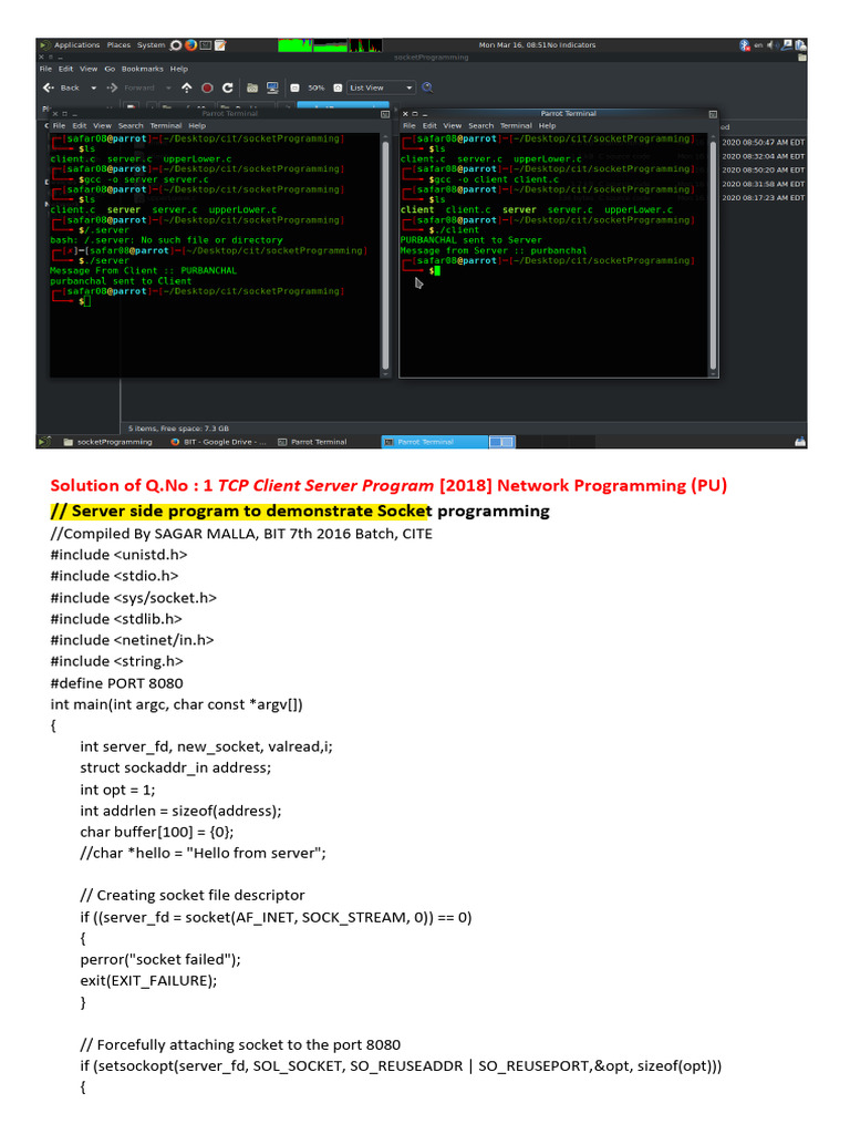 Soln 2018 - Q1 - TCP Client and Server Program | PDF | Port (Computer Networking) | Network Socket