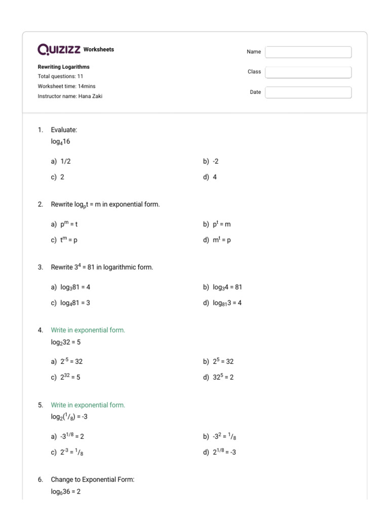 Quizizz Rewriting Logarithms Pdf 4114