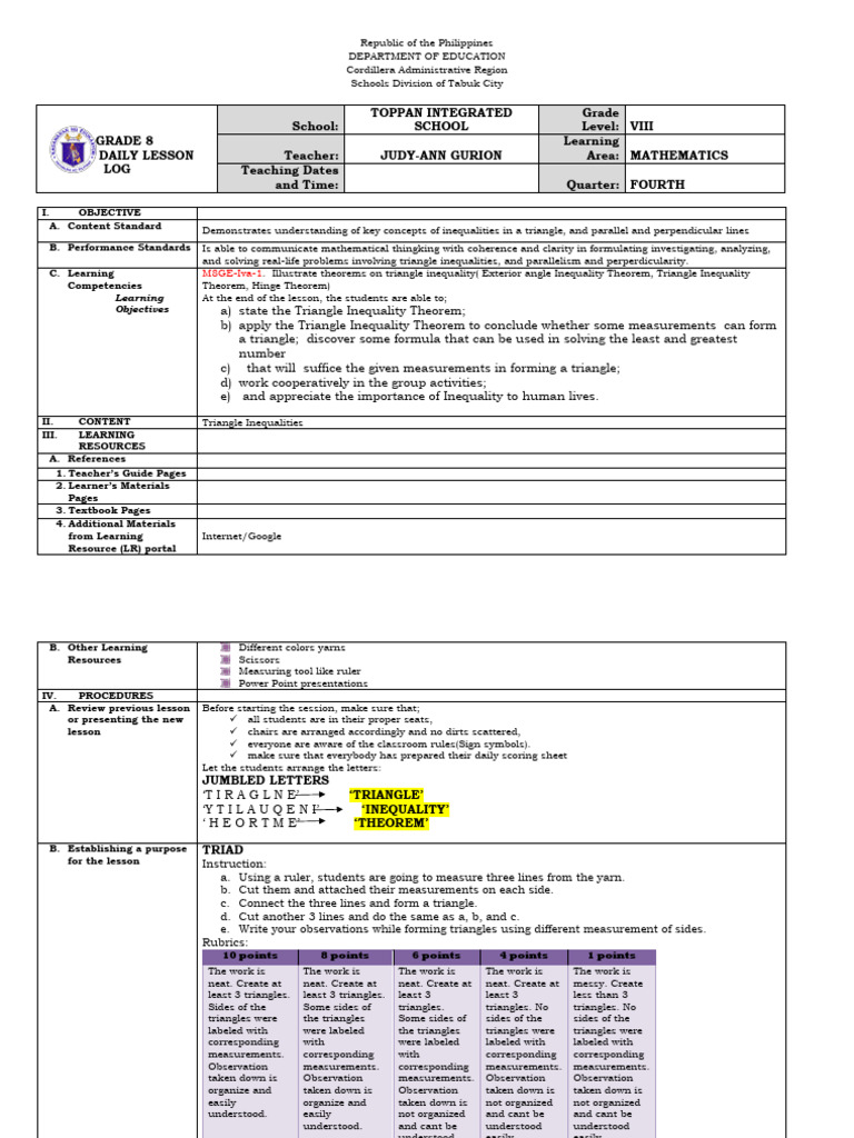 Cot q4 Triangle Inequality | PDF | Triangle | Teachers