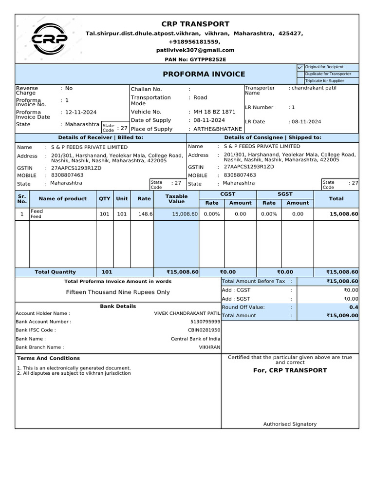 1 S P Feeds Private Limited | PDF | Invoice | Pro Forma