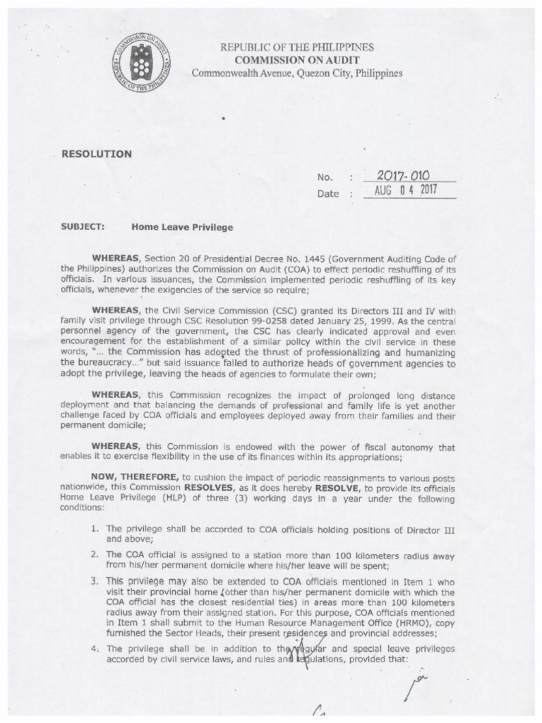 COA Resolution 2017-010 Home Leave Privilege | PDF