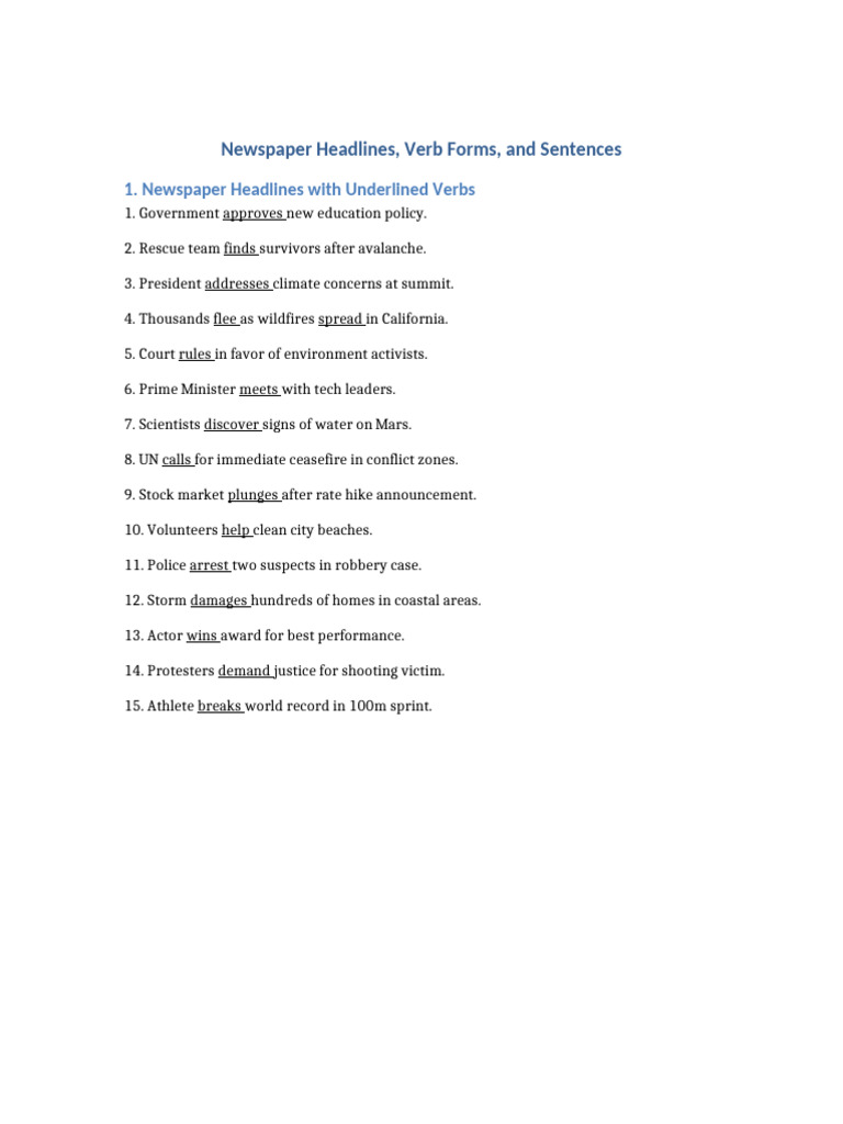 Newspaper Headlines and Verb Forms Guide | PDF