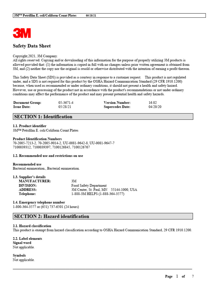 3M Petrifilm E. coli Count Plates SDS | PDF | Toxicity | Occupational ...