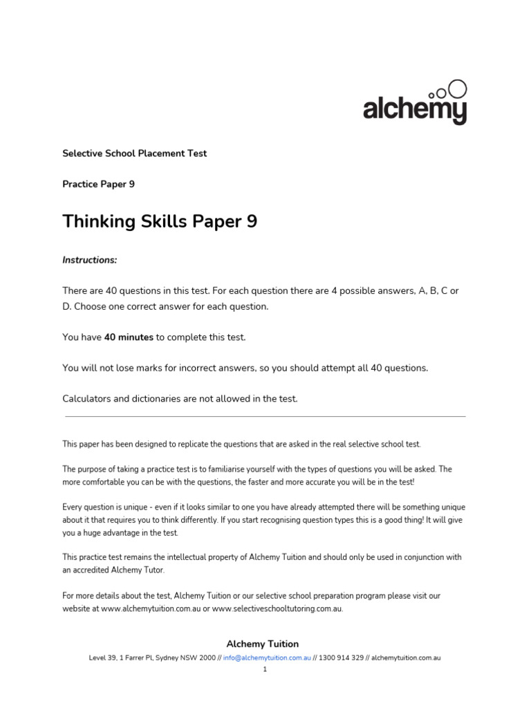Thinking Skills Practice Paper 9 | PDF | Lunch