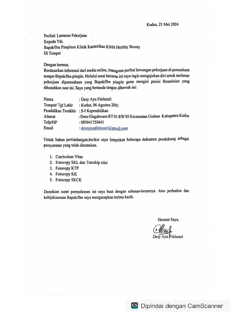 Lamaran Kerja Desy Ayu Fitriasari | PDF