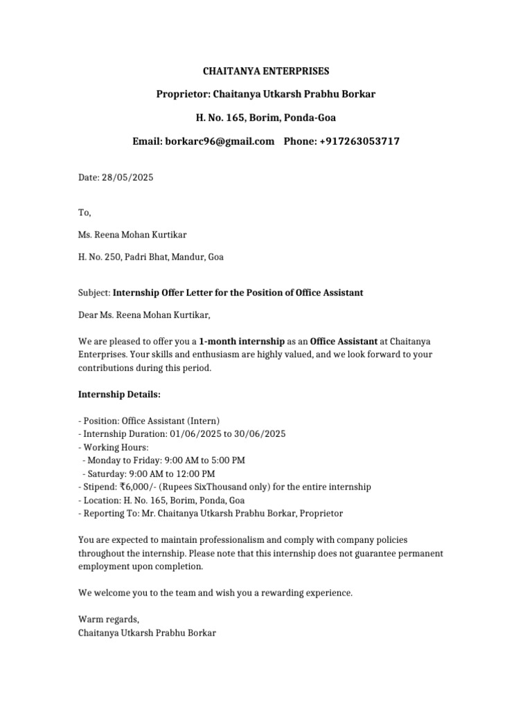 Internship Offer Letter Reena Kurtikar5 | PDF