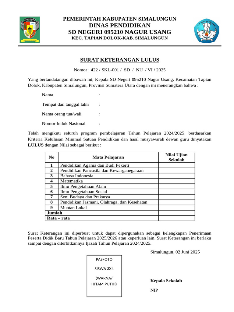 Surat Keterangan Lulus SD 2025 | PDF