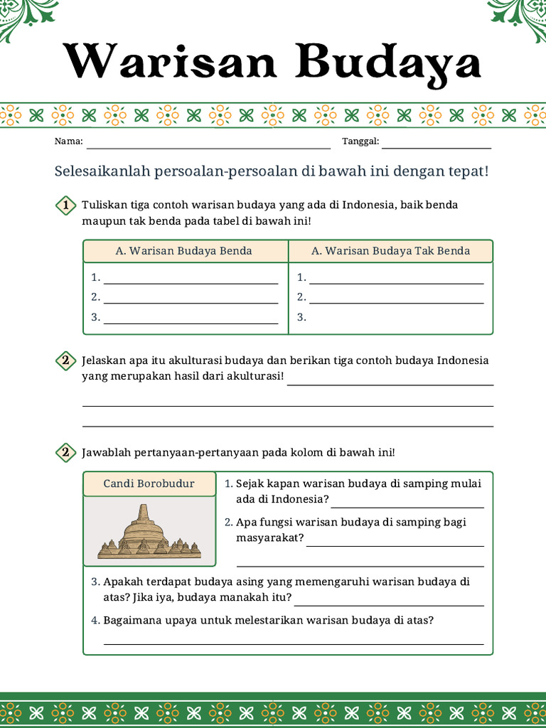 Warisan Budaya Lembar Kerja Pendidikan Hijau Kuning Ilustrasi | PDF