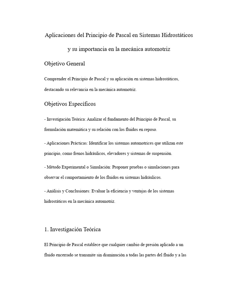 Aplicaciones Del Principio de Pascal en Sistemas Hidrostáticos y Su Importancia en La Mecánica ...
