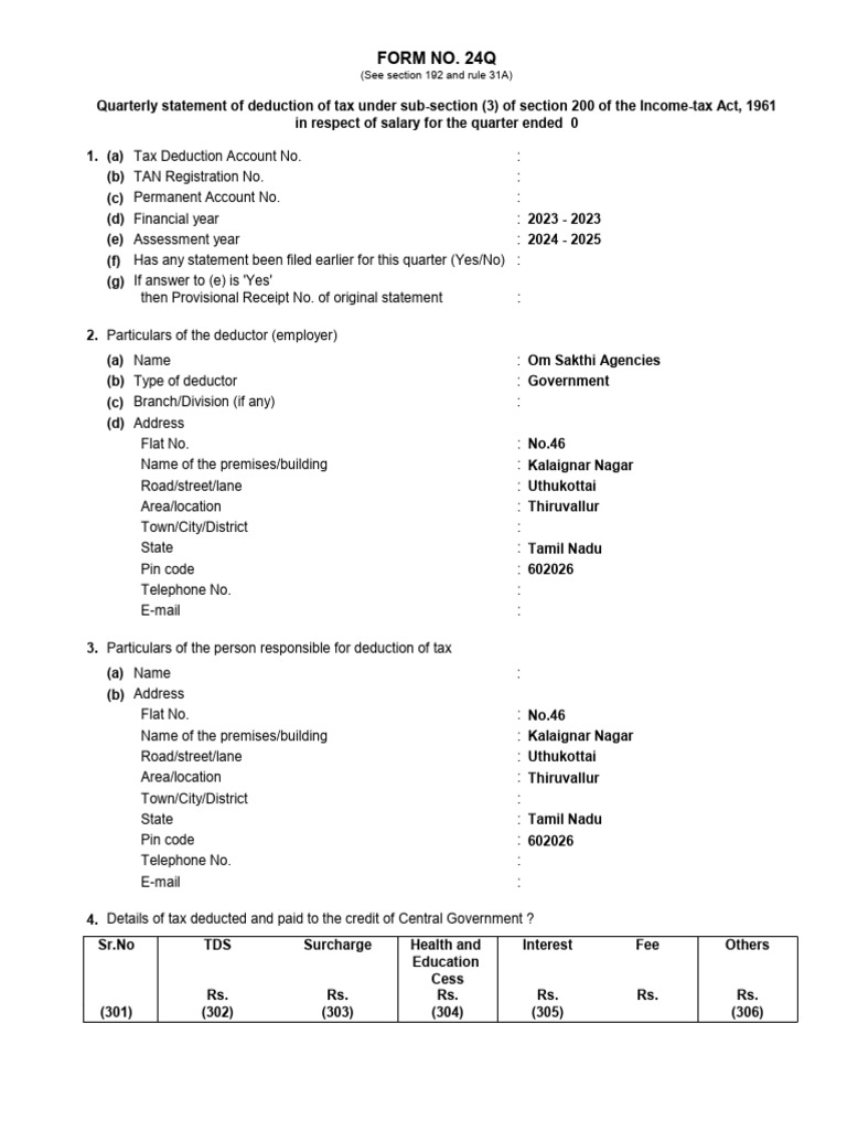 Form No. 24Q: (See Section 192 and Rule 31A) | PDF | Taxation ...