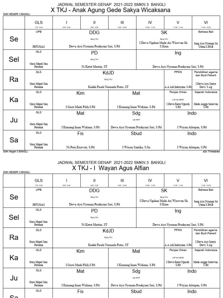 Jadwal Setiap Siswa GLS 2021-2022 | PDF