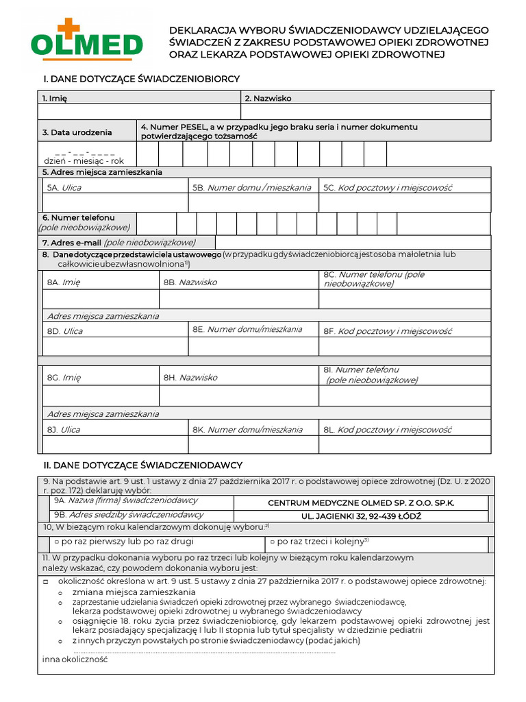 Deklaracja Wyboru Lekarza Poz Olmed | PDF