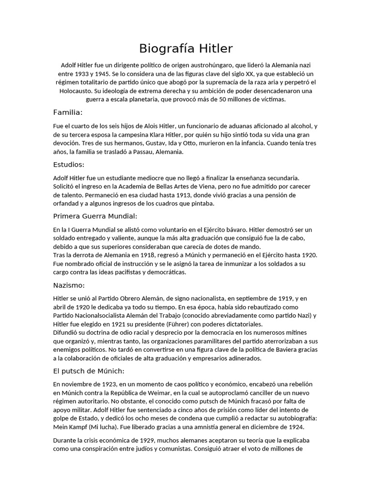 Biografía Hitler | PDF | Alemania nazi | Adolf Hitler