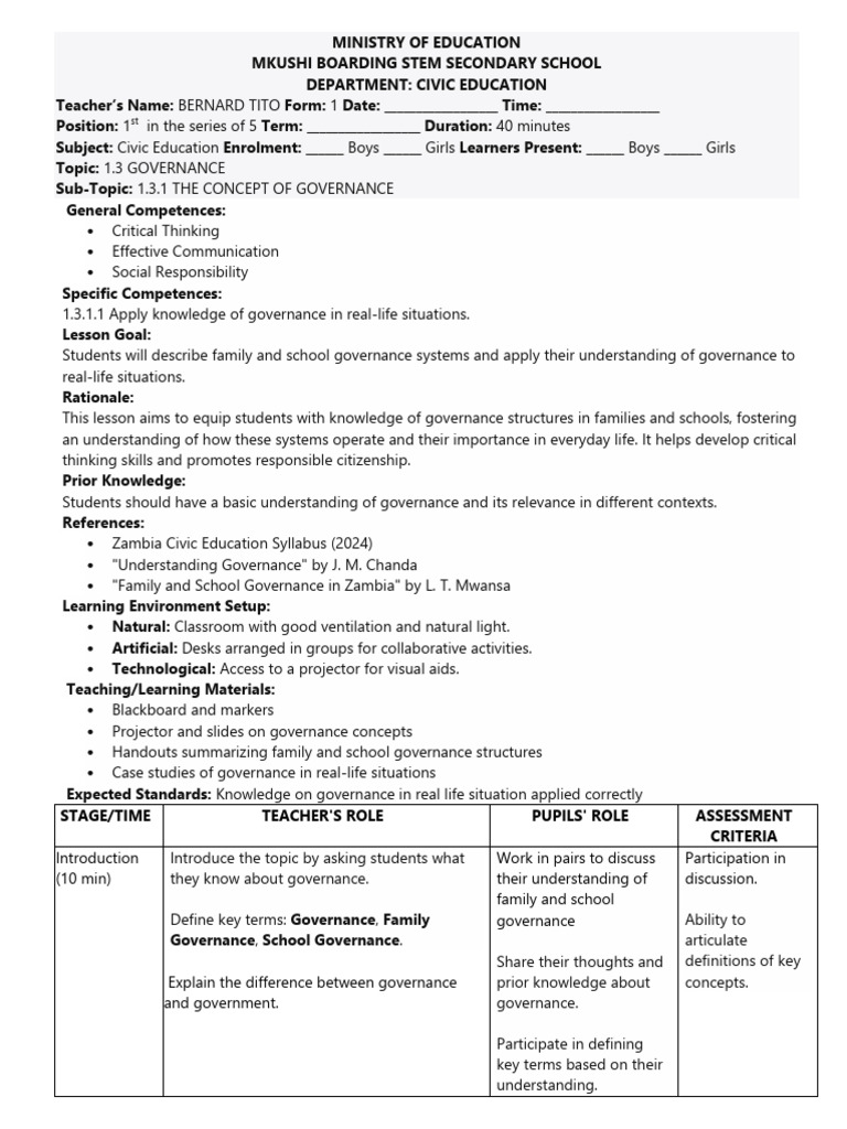 Citizenship Civic Education Form 1 Lesson Plans | PDF | Governance ...