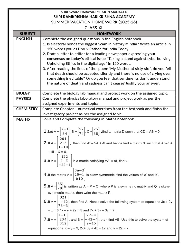 Summer HW Class-Xii - Final | PDF