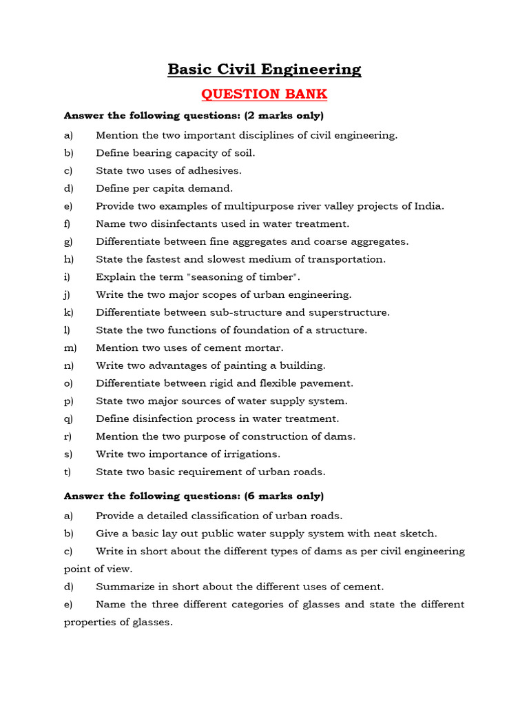 Basic Civil Engineering - QUESTION BANK | PDF | Concrete | Civil ...