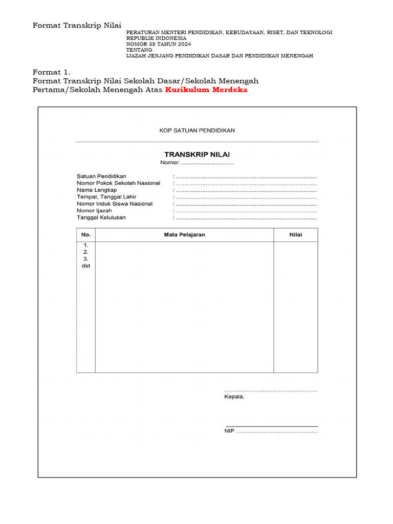 Format Transkrip Nilai | PDF