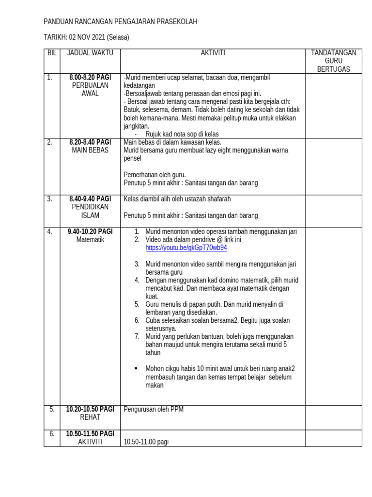 Panduan RPH Prasekolah 02 Nov | PDF
