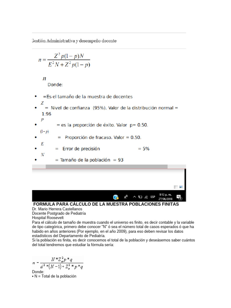 Formula para Cálculo de La Muestra Poblaciones Finitas | PDF