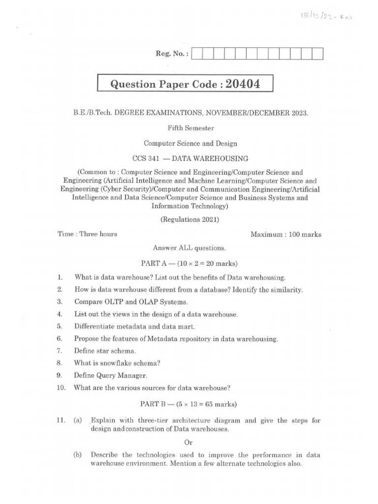 CSE 5th Semester - Data Warehousing - CCS341 Elective 2021 Regulation ...