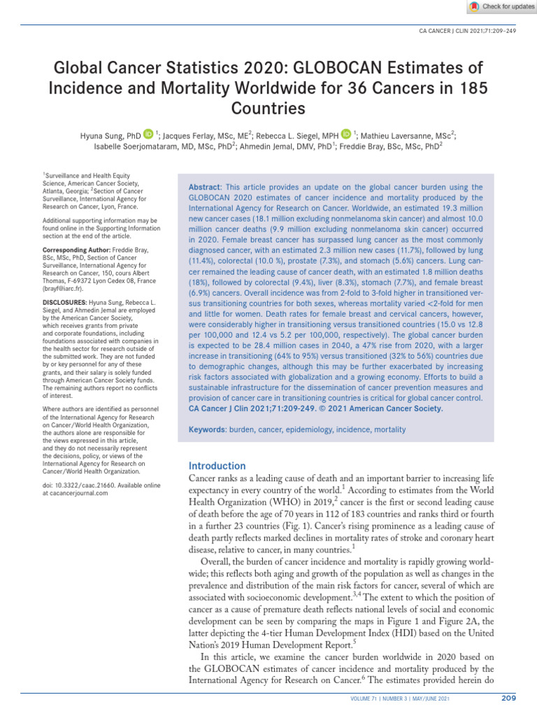 CA A Cancer J Clinicians - 2021 - Sung - Global Cancer Statistics 2020 ...