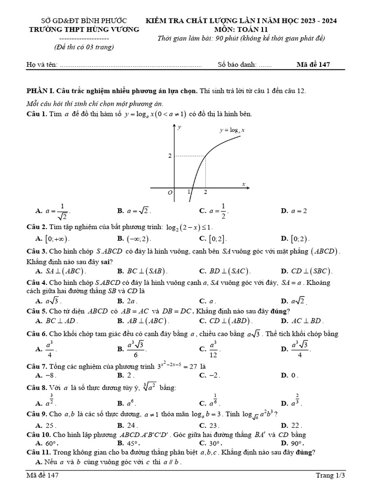 De Kiem Tra Lan 1 Toan 11 Nam 2023 2024 Truong THPT Hung Vuong Binh Phuoc | PDF