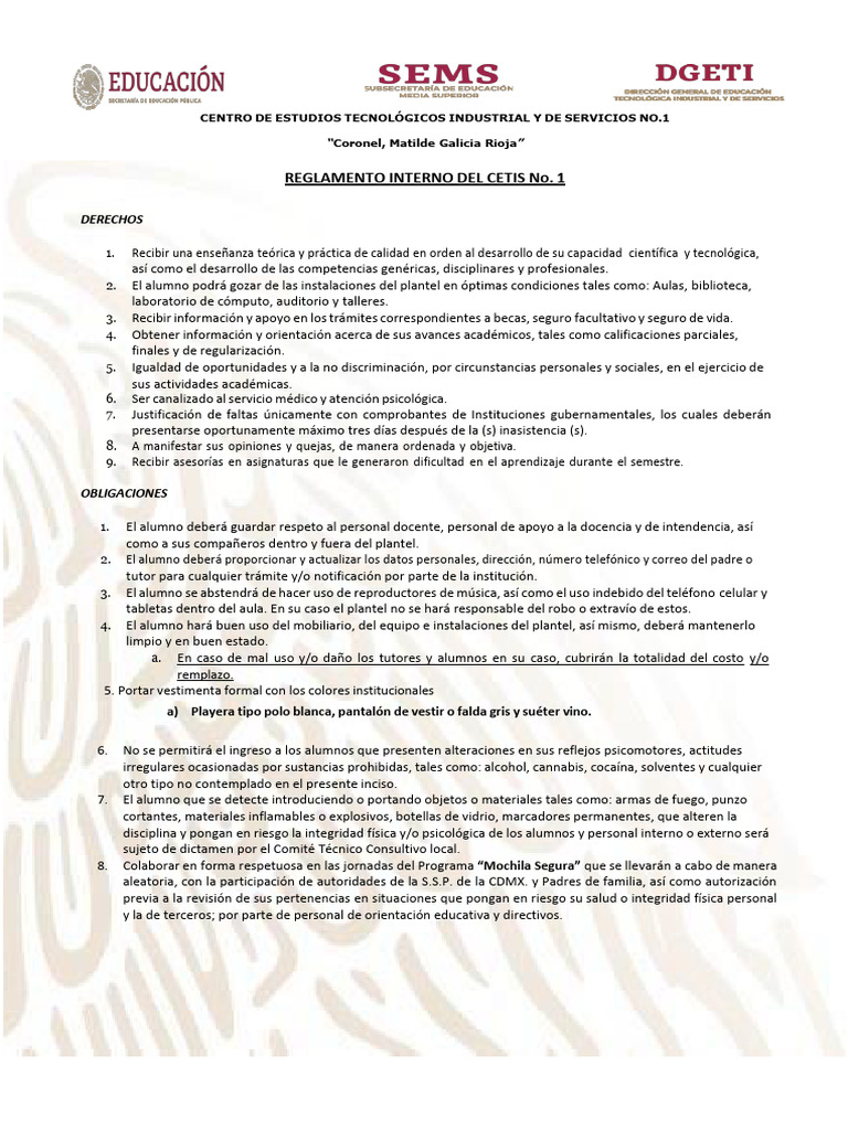 Reglamento Interno Del Cetis No. 1 | PDF | Enseñando