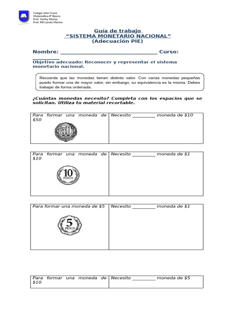 Guía de Matemáticas: Sistema Monetario | PDF