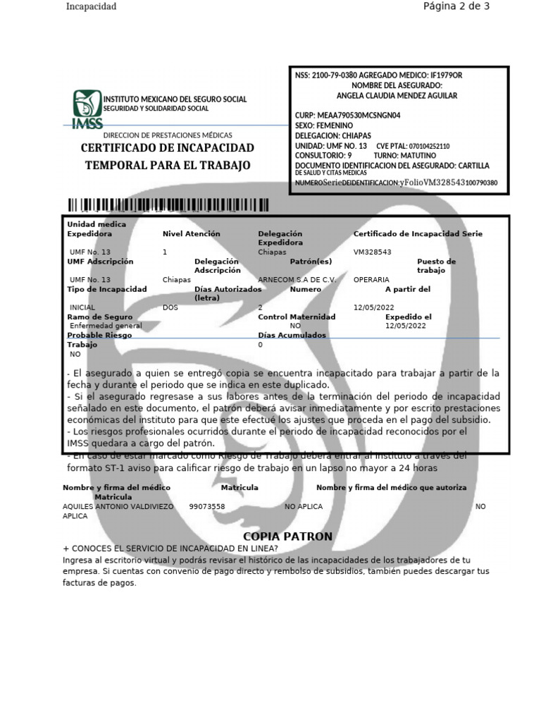 Incapacidad Imss Editable | PDF