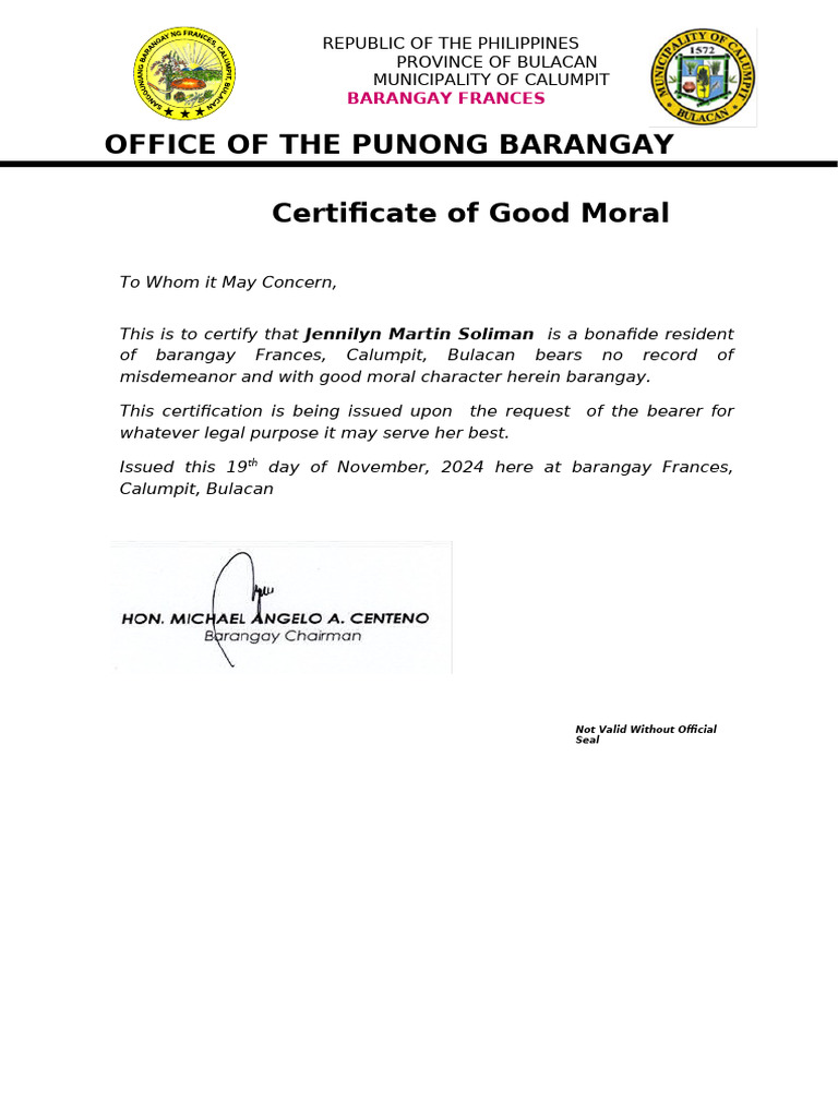 Certificate of Good Moral Character | PDF