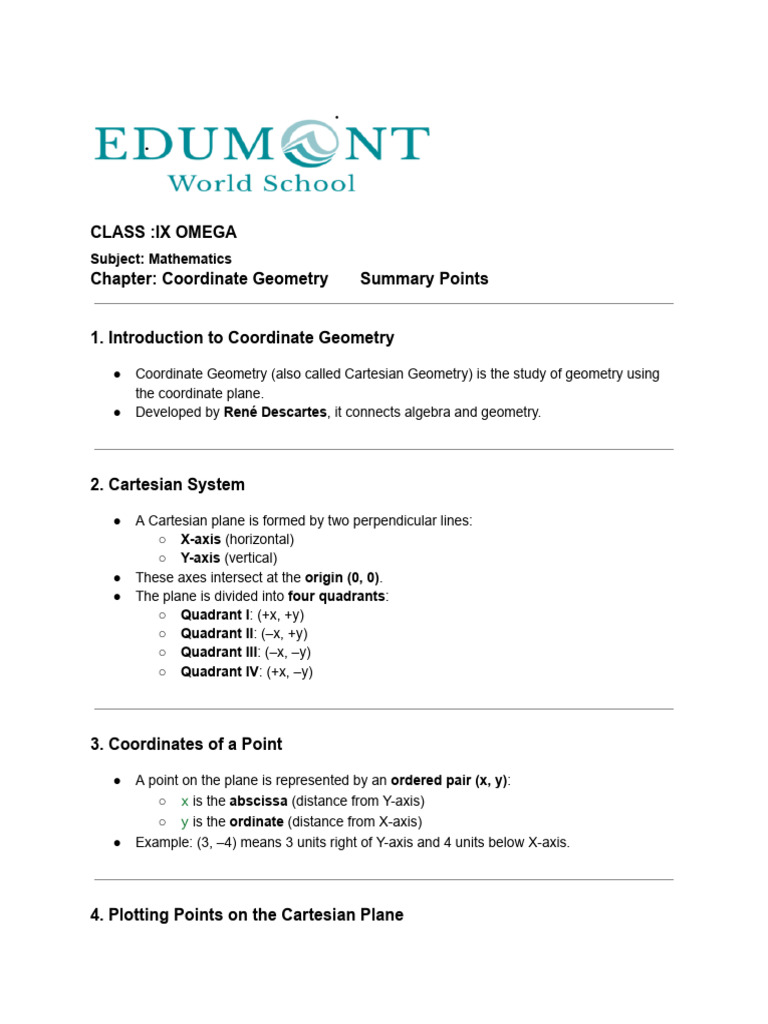 Class Ix Ch-23 & 25 Summary Points | PDF | Cartesian Coordinate System ...