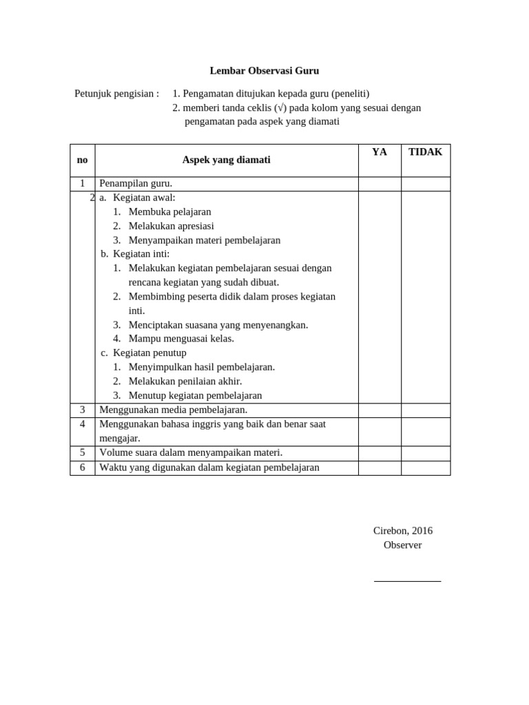 Lembar Observasi Guru | PDF