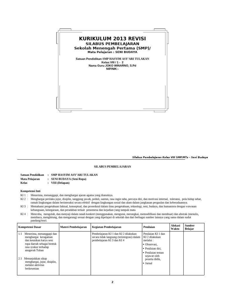 Silabus Seni Budaya 8 | PDF