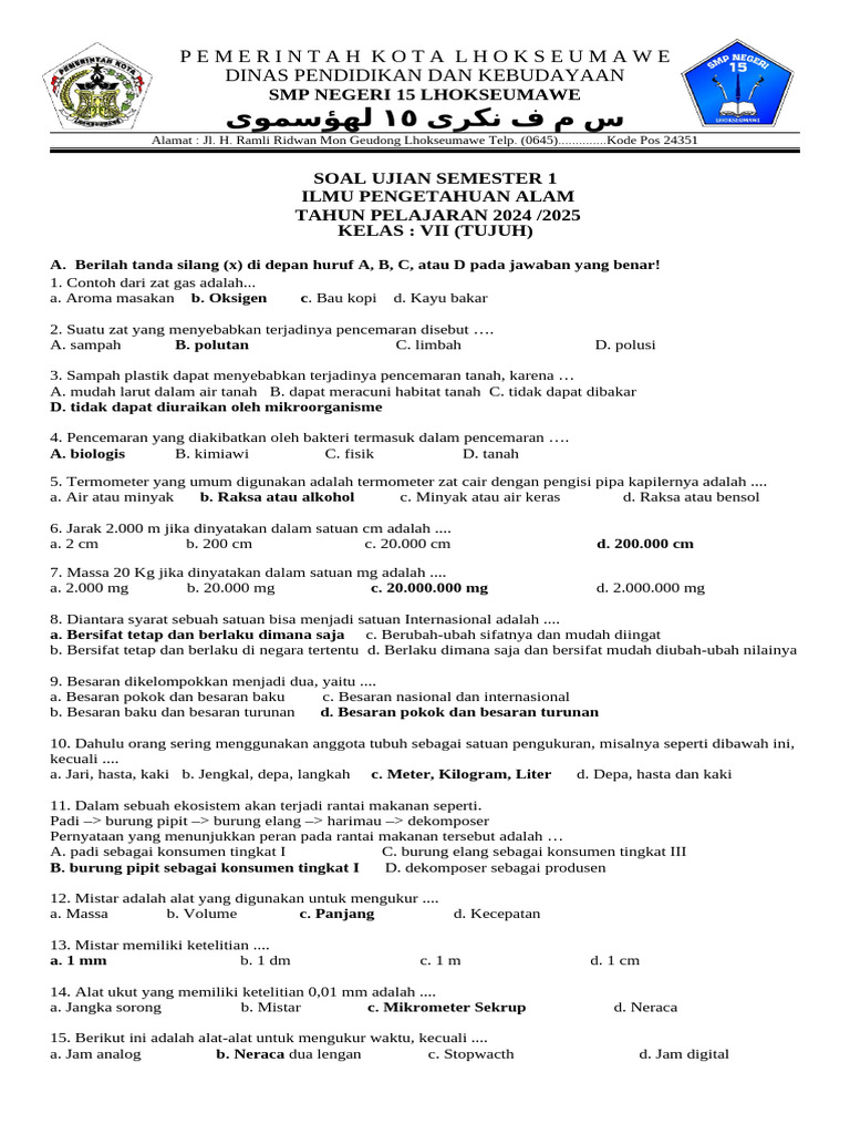 Soal Ipa Kelas-Vii 2024 - Kunci Jawaban | PDF
