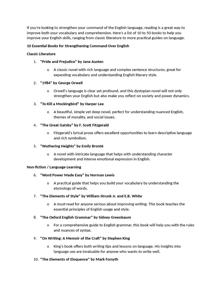 Books List For English Language Learning | PDF | English Language | Novels