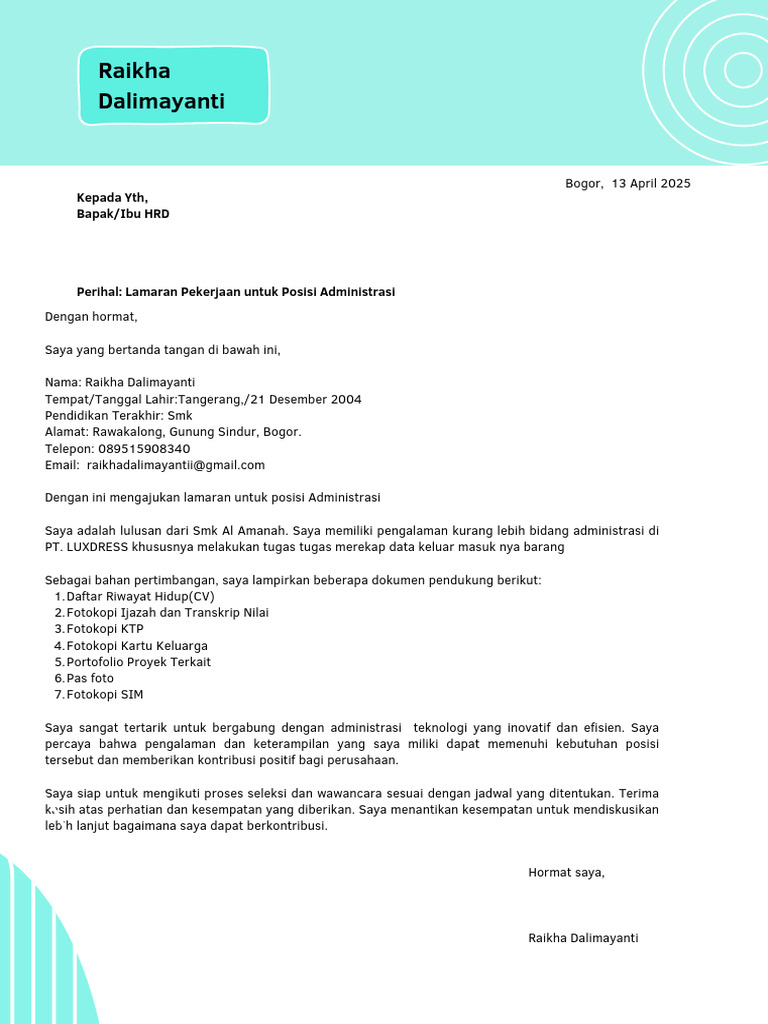 Surat Lamaran Raikha | PDF