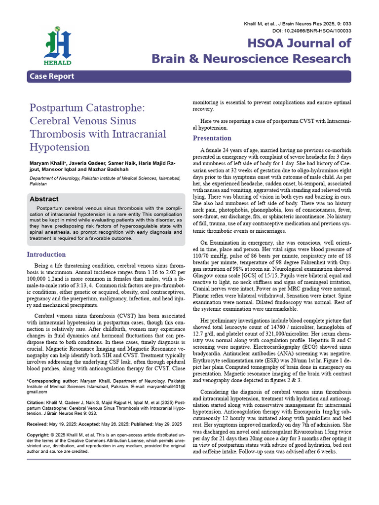Postpartum Catastrophe Cerebral Venous Sinus Thrombosis With Intracranial Hypotension | PDF ...