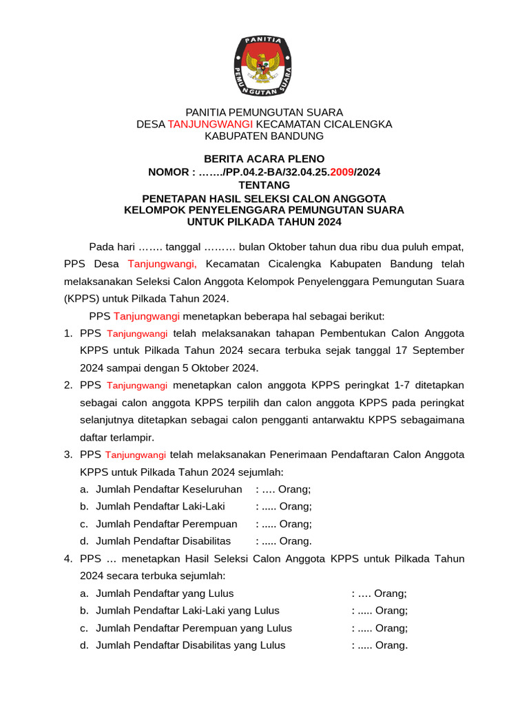 0 Berita Acara Pps Penetapan Hasil Seleksi Kpps | PDF