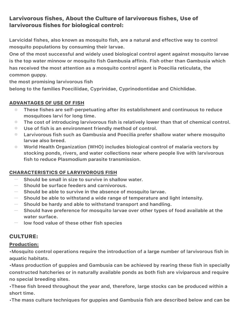 Larvivorous Fishes, About The Culture of Larvivorous Fishes, Use of ...