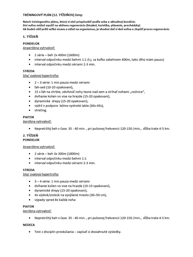 TRÉNINGOVÝ PLÁN (12. TÝŽDŇOV) Ženy | PDF