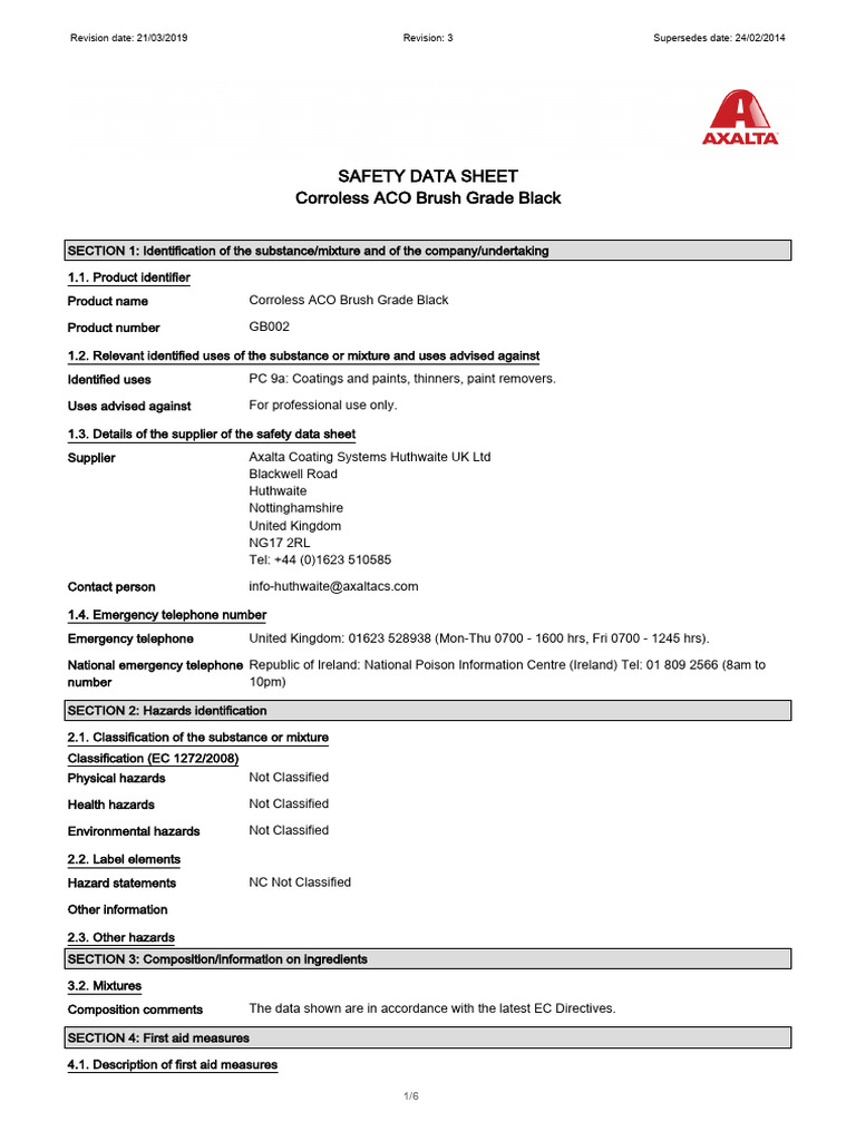 Corroless ACO Brush Grade Black (GB002) - SDS - 17322 | PDF | Dangerous ...