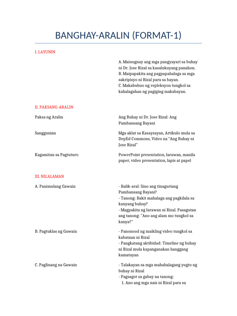 Banghay Aralin Buhay Ni Rizal | PDF