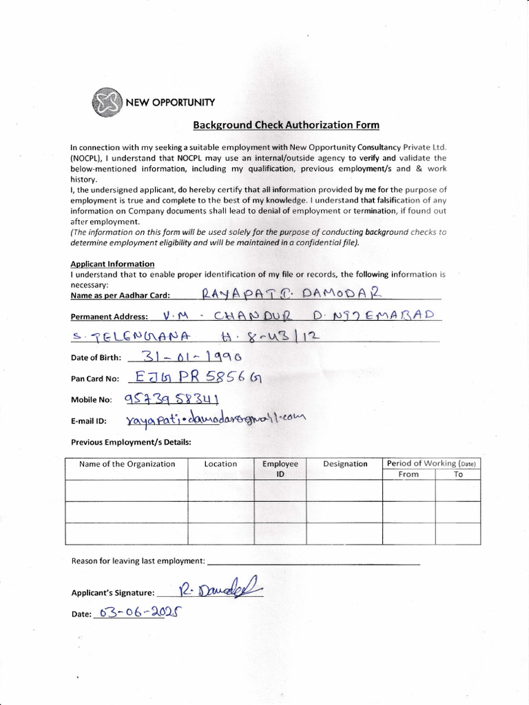 Background Check Application Form | PDF