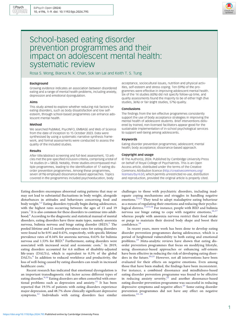 School Based Eating Disorder Prevention Programmes and Their Impact On ...