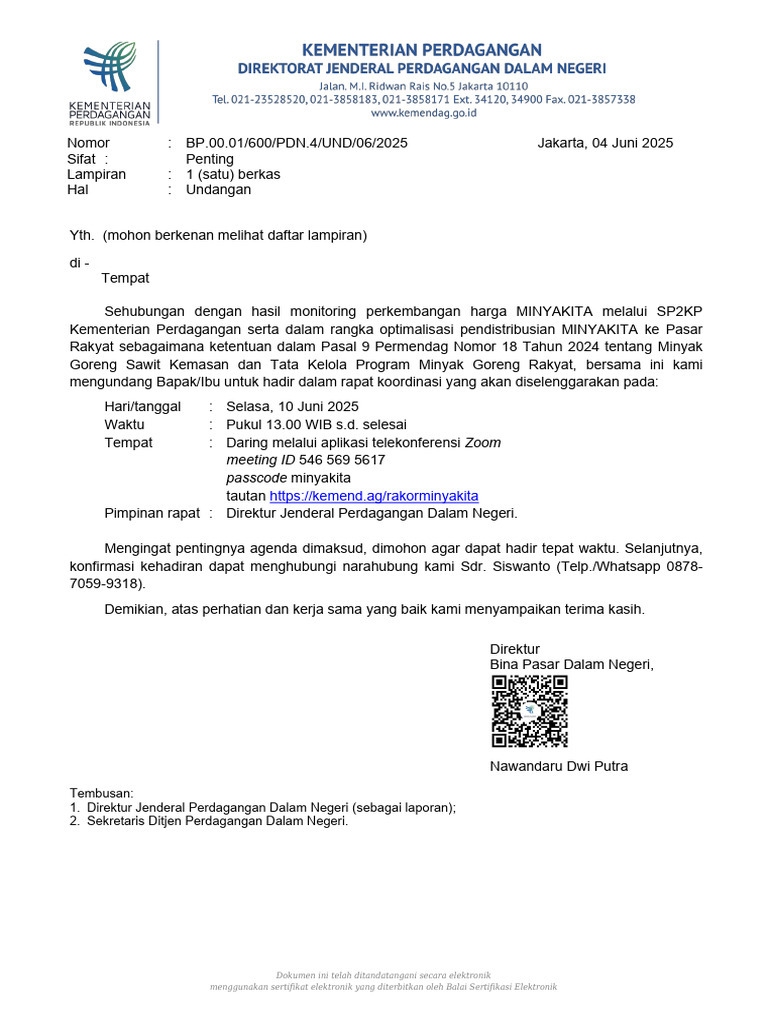 UND Rapat Optimalisasi Distribusi MINYAKITA DGN Produsen Minyak Goreng 10 Juni 2025 | PDF