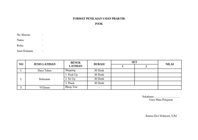 Format Penilaian Ujian Praktik Pjok | PDF