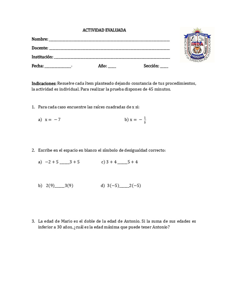 ACTIVIDAD EVALUADA (1° Año) | PDF