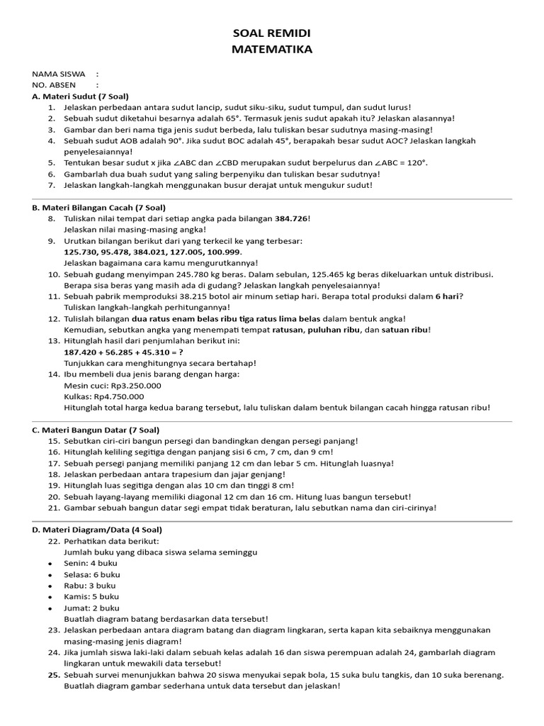 Soal Remidi Matematika Lengkap | PDF