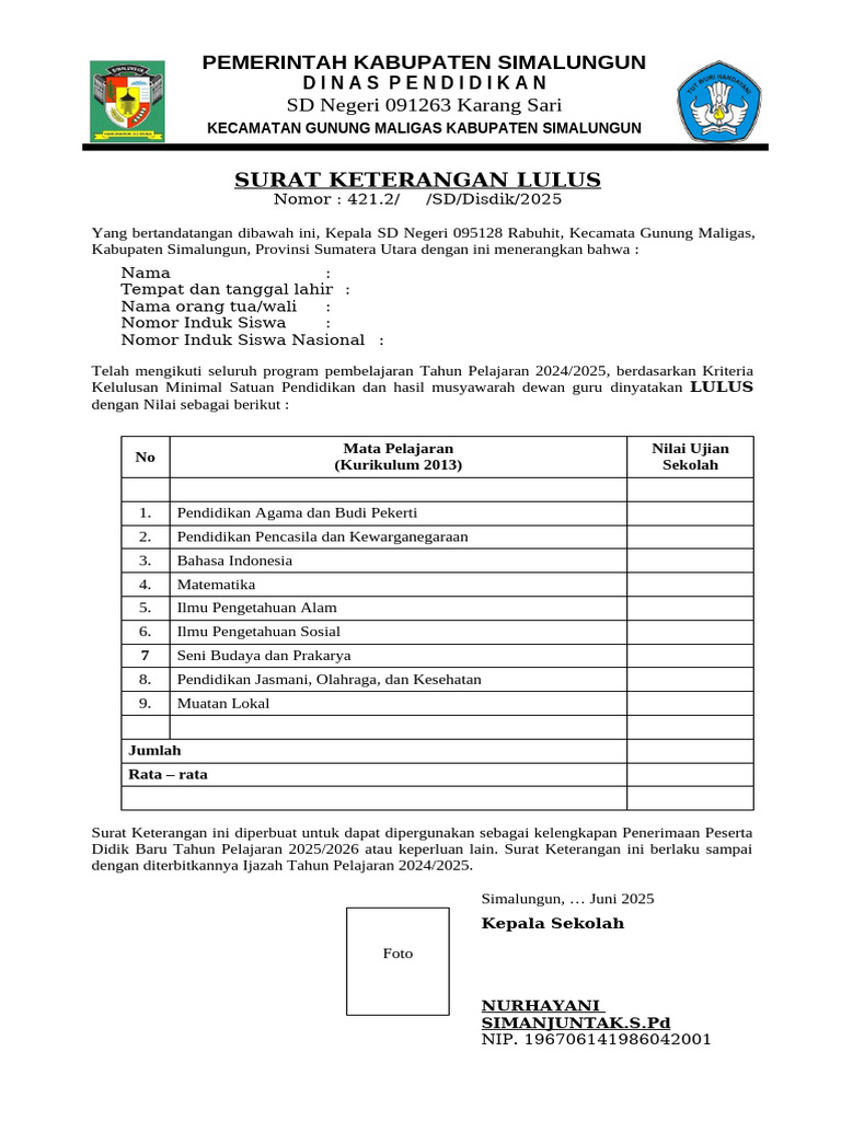 Surat Keterangan Lulus SD 2025 | PDF